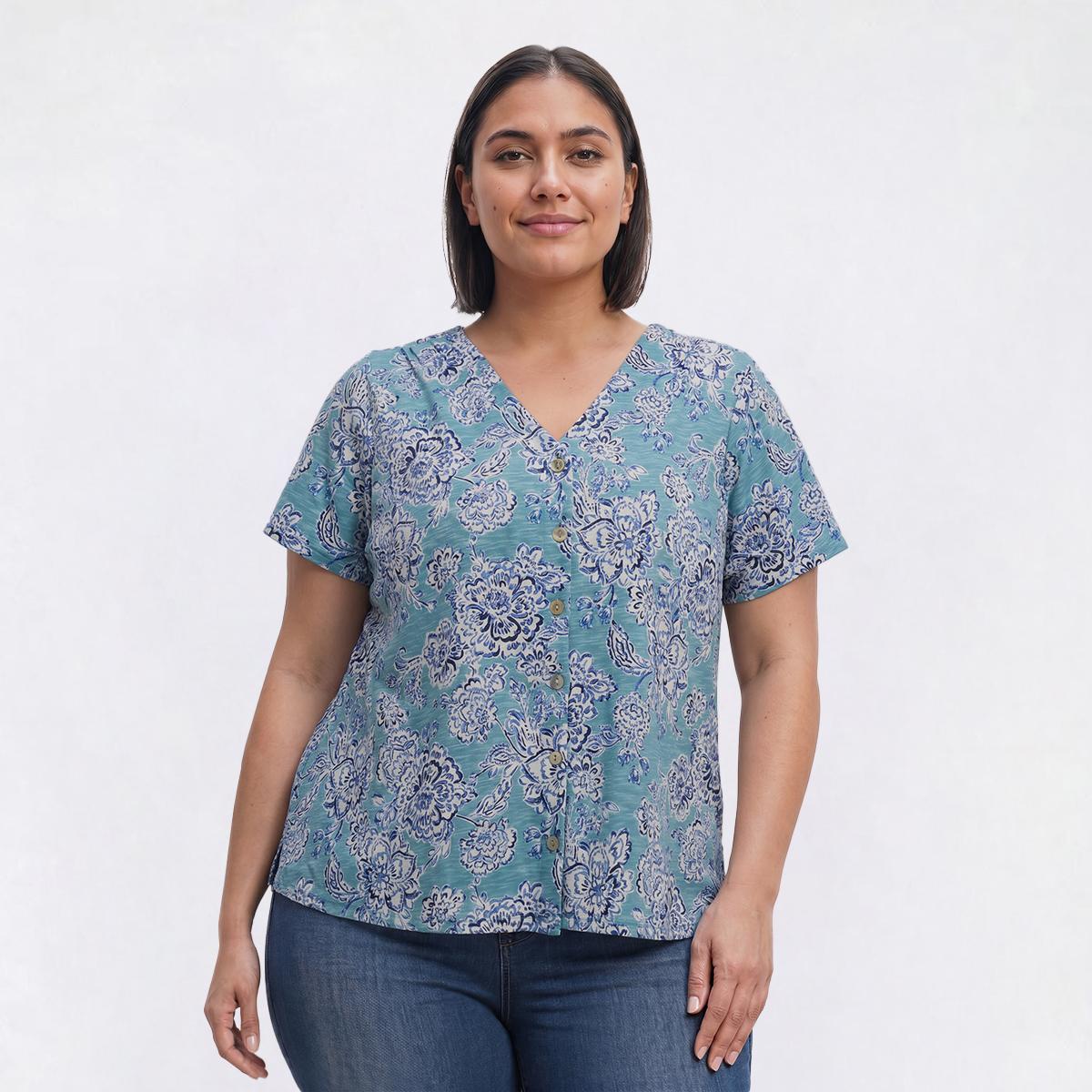 Click here for Plus Size Emily Daniels Marled Floral Button Front... prices